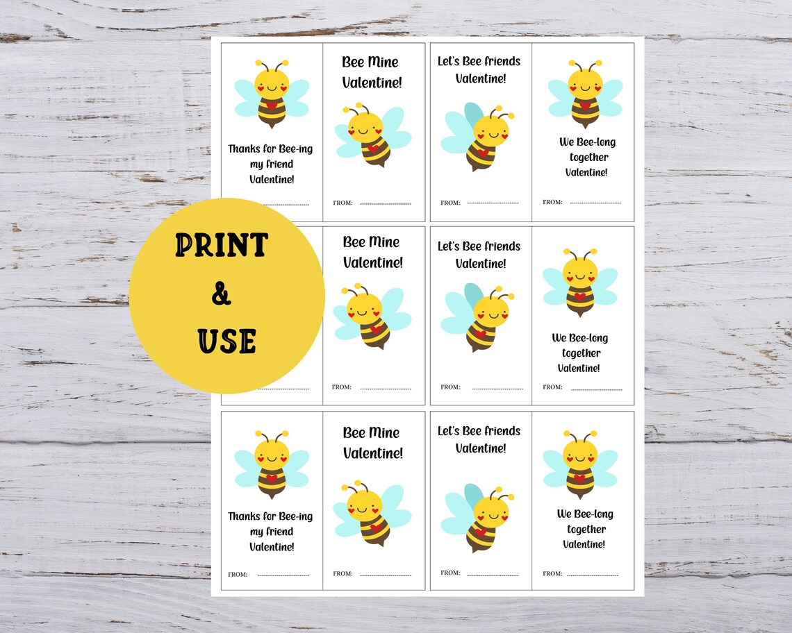 Printable Bee Classroom Valentine's Day Cards, Printable Valentines for ...