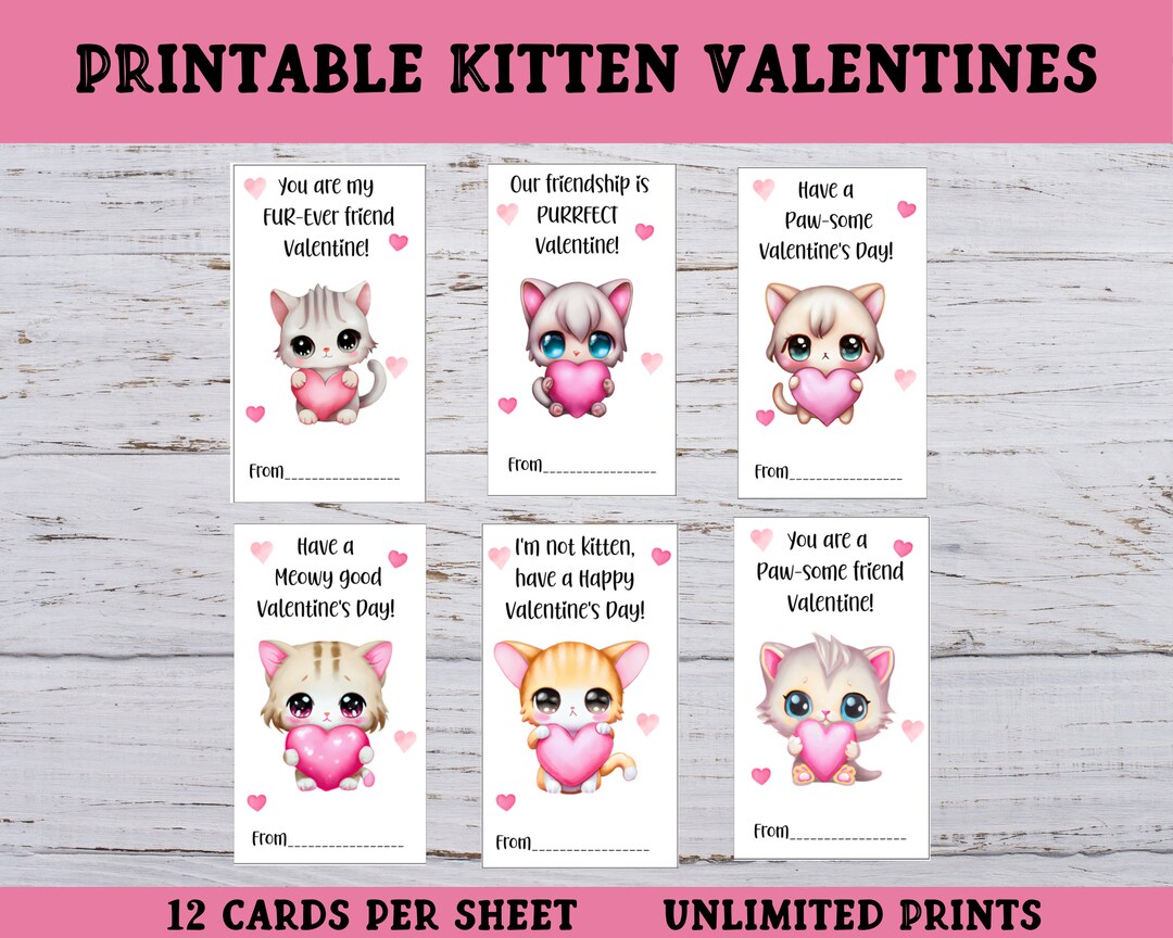 Printable Kitten Valentines for Kids, Valentine Cards for Classrooms ...