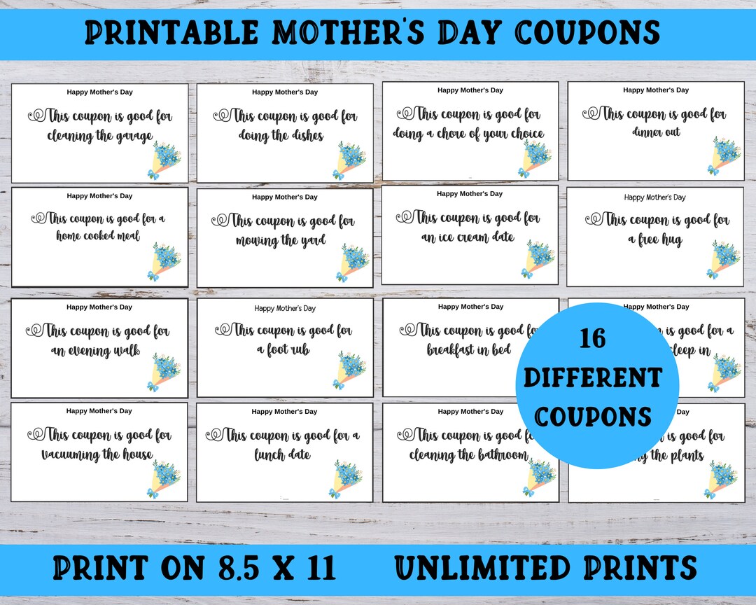 Printable Mother's Day Coupons, Mother's Day Gift, Mother's Day Coupons ...