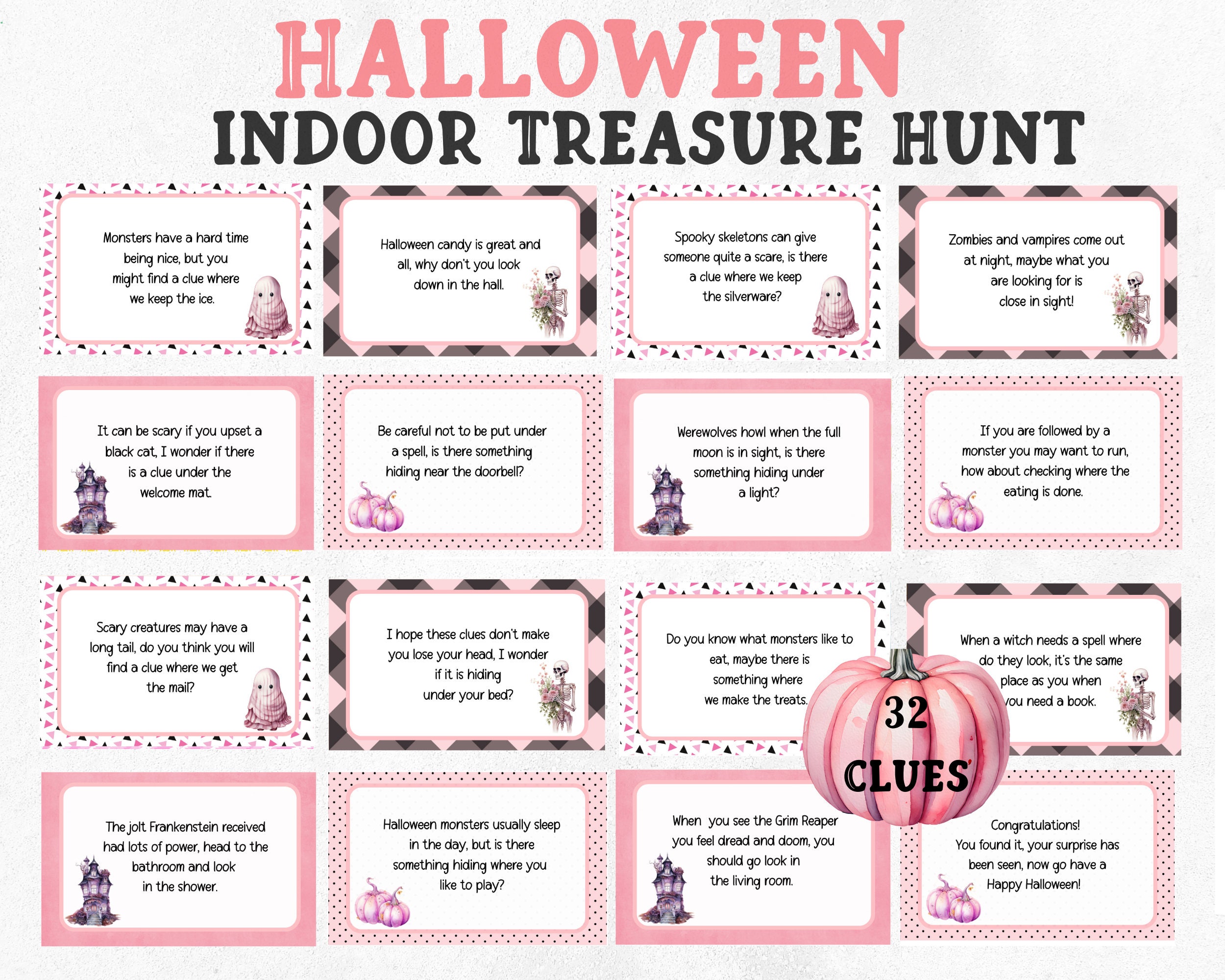 Pink Halloween Indoor Treasure Hunt, Scavenger Hunt for Kids, Halloween ...