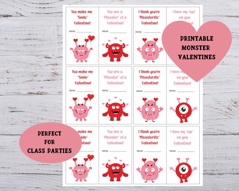Printable Monster Classroom Valentine Cards, Monster Valentines for ...