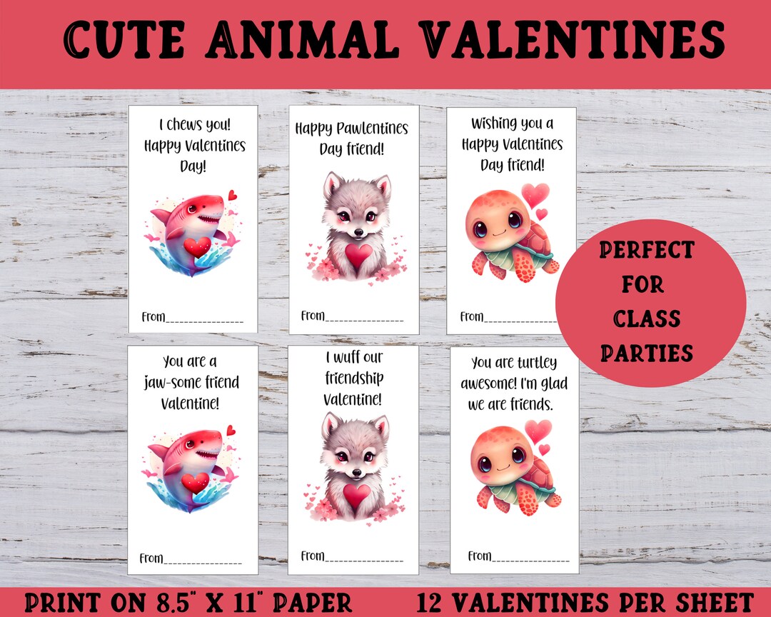 Cute Animal Valentines for Kids, Printable Classroom Valentines, Kids ...