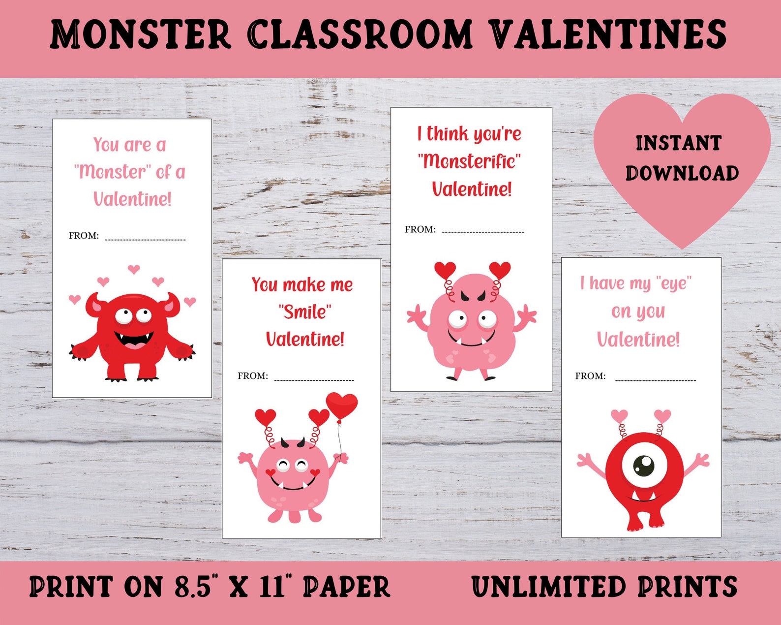 Printable Monster Classroom Valentine Cards, Monster Valentines for ...
