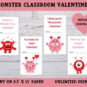 Printable Monster Classroom Valentine Cards, Monster Valentines for ...