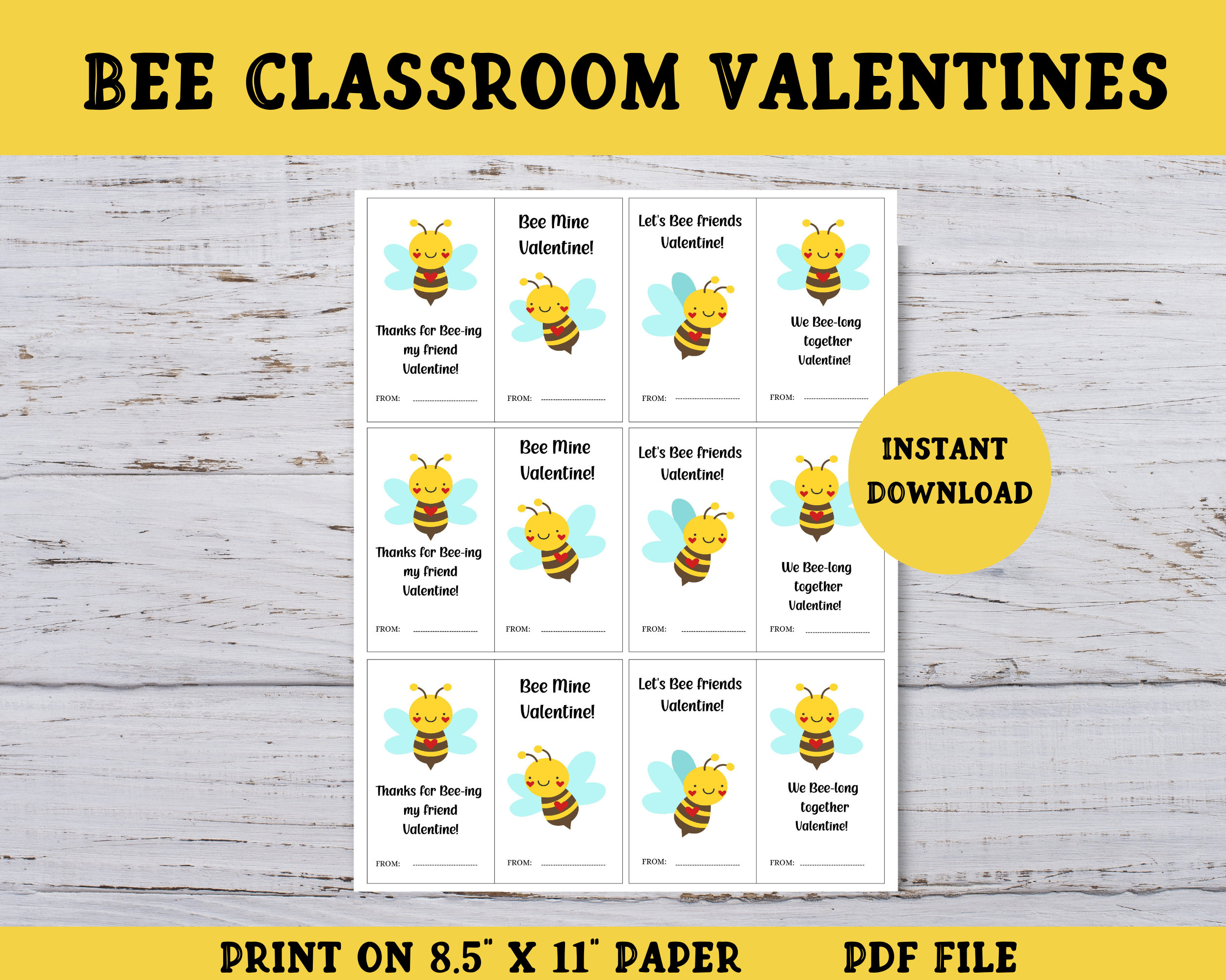 Printable Bee Classroom Valentine's Day Cards, Printable Valentines for ...