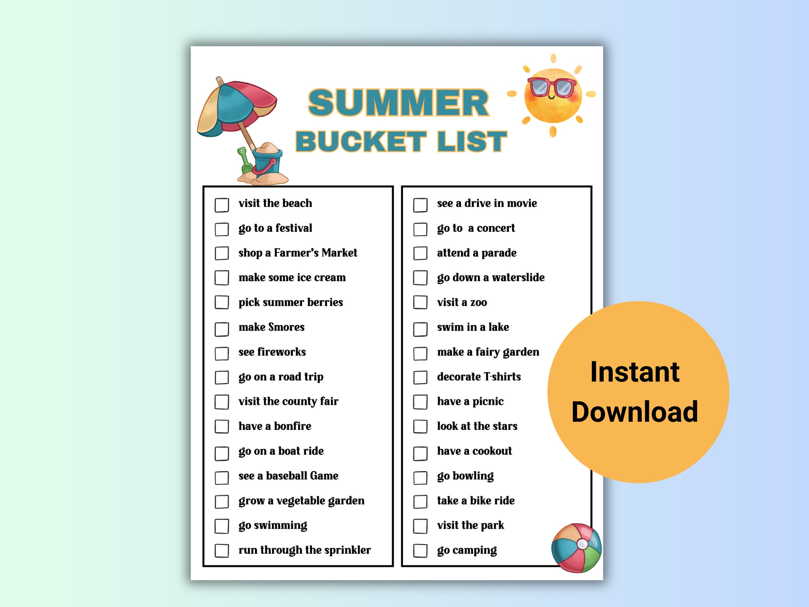 Summer Activity Bucket List, Printable Summer Checklist, Family Summer ...