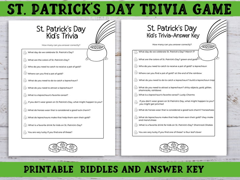 St. Patrick's Day Trivia Game for Kids, Printable Game for Kids, St ...