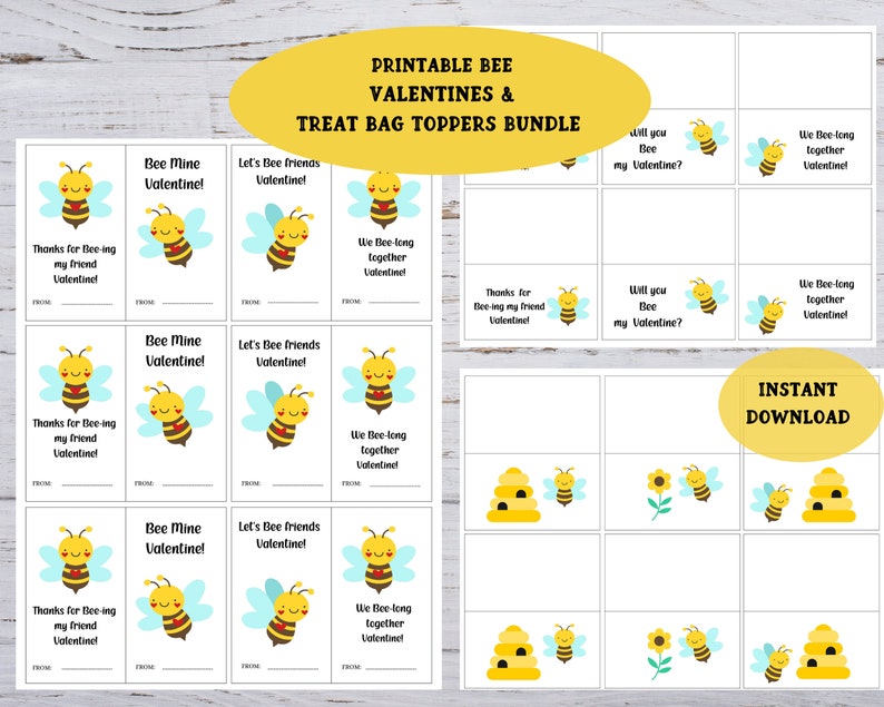 Printable Bee Classroom Valentines, Bee Treat Bag Toppers, Classroom ...