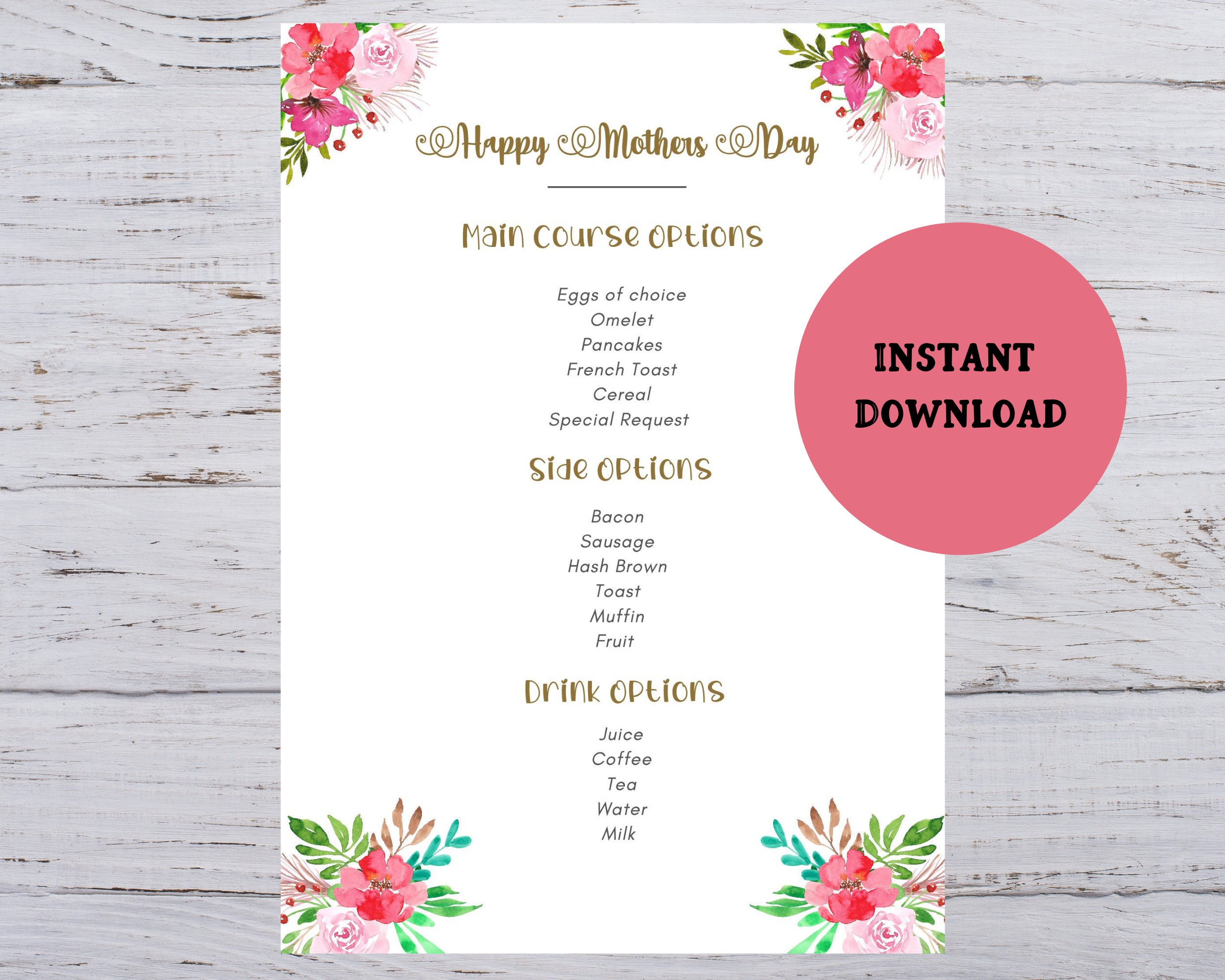 Mothers Day Printable Menu, Mothers Day Breakfast Menu, Printable Menu ...