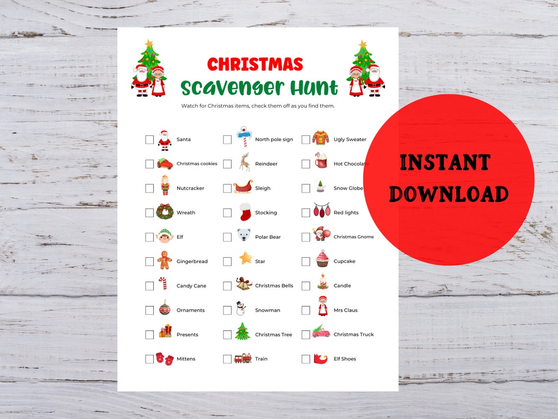 Christmas Scavenger Hunt for Kids, Treasure Hunt Printable Game ...