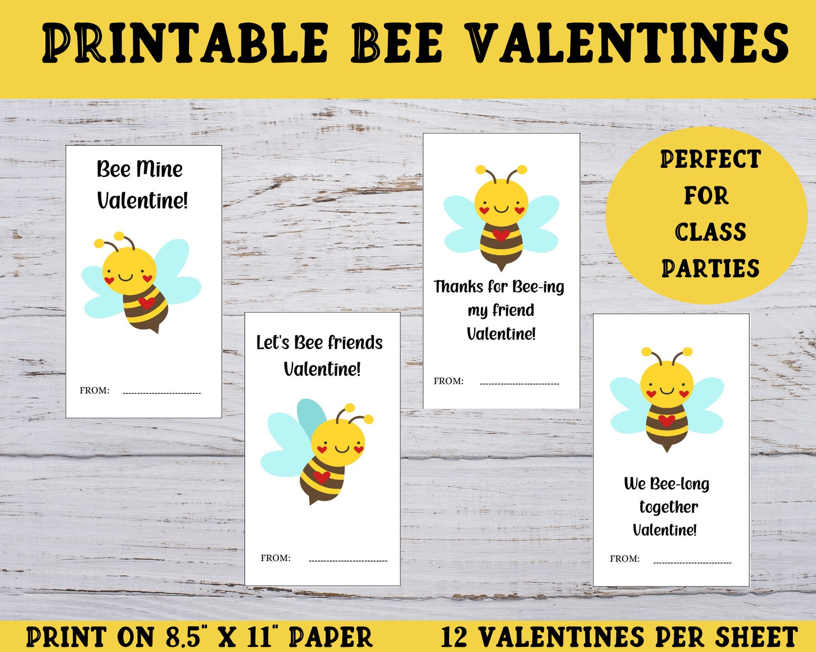 Printable Bee Classroom Valentine's Day Cards, Printable Valentines for ...