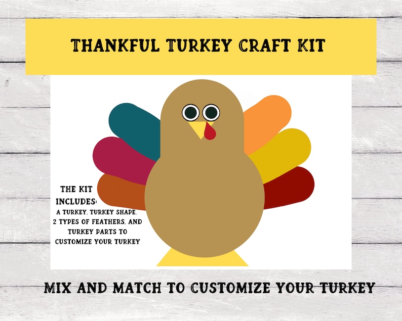 Thankful Turkey Craft Kit, Printable Thanksgiving Activity, Turkey ...