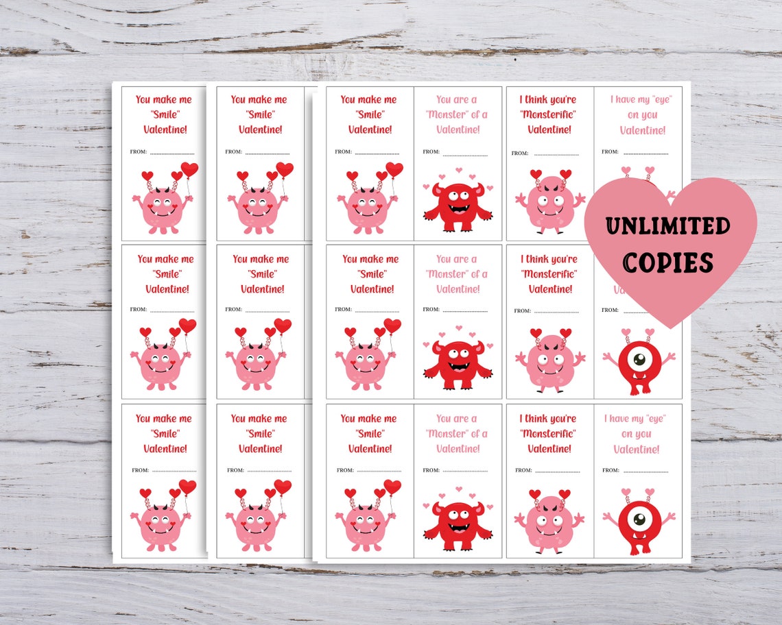 Printable Monster Classroom Valentine Cards, Monster Valentines for ...