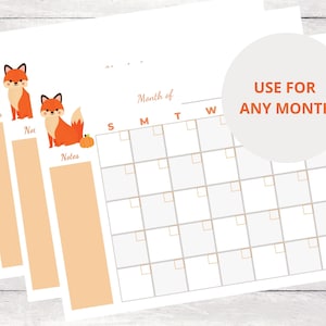 Printable Fox Fall Calendar Page, Printable Calendar Page, Fall ...