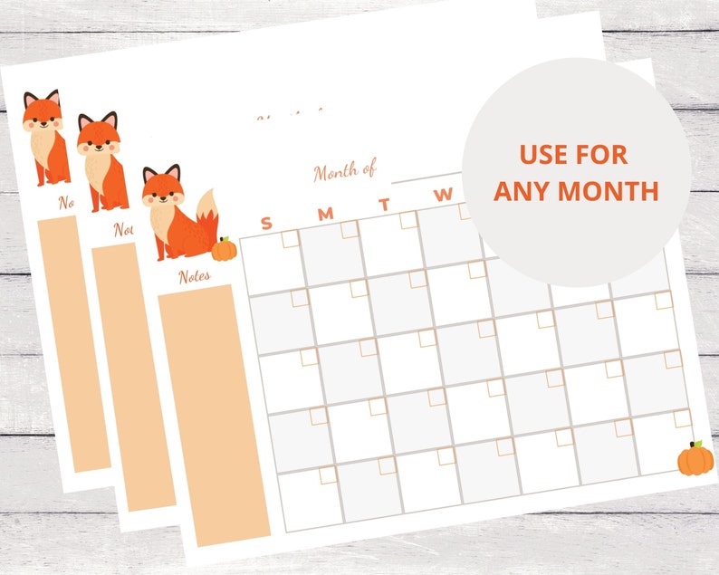 Printable Fox Fall Calendar Page, Printable Calendar Page, Fall ...
