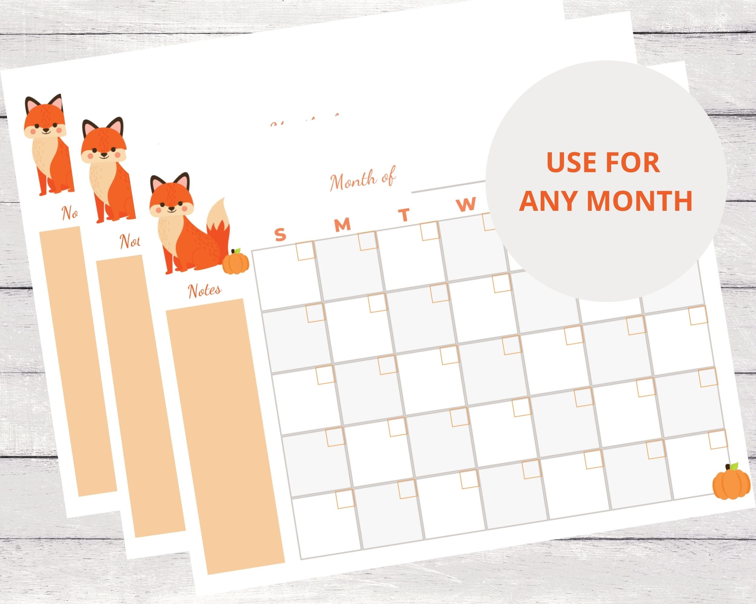 Printable Fox Fall Calendar Page, Printable Calendar Page, Fall ...