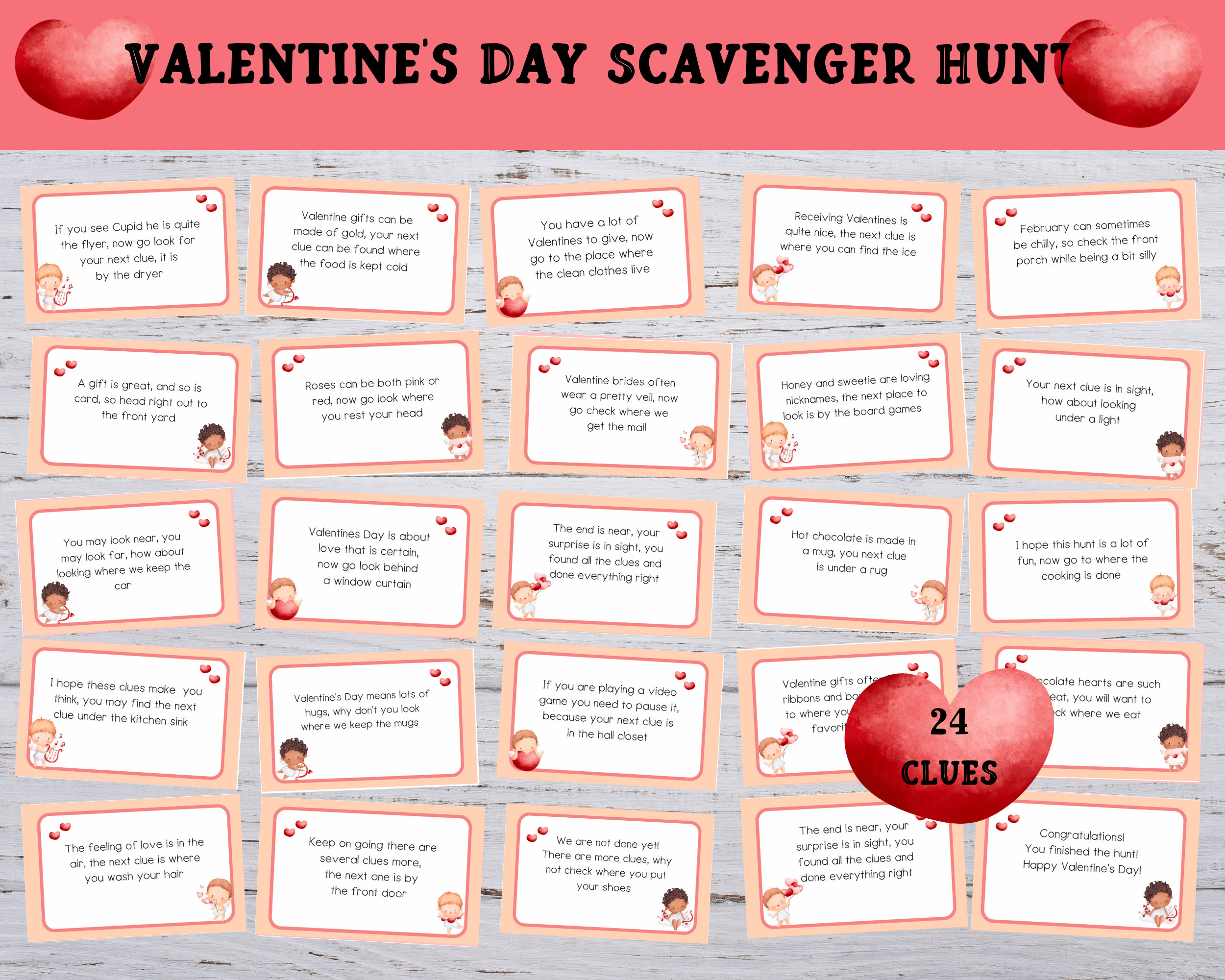 Valentines Day Scavenger Hunt Game, Indoor Treasure Hunt Clues ...