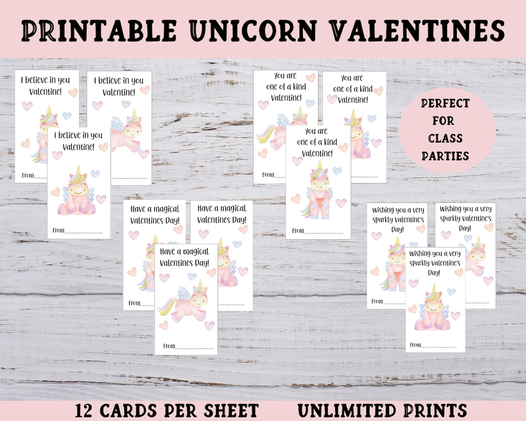 Unicorn Valentines for Kids, Printable Classroom Party Valentines ...