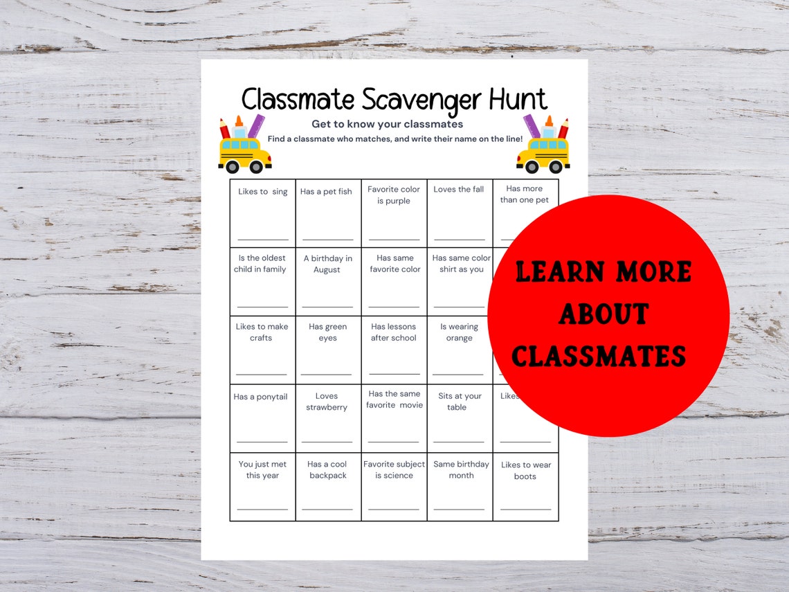 Classmate Scavenger Hunt for Kids Back to School Classroom - Etsy