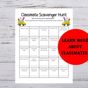 Classmate Scavenger Hunt for Kids, Back to School Classroom Activity ...