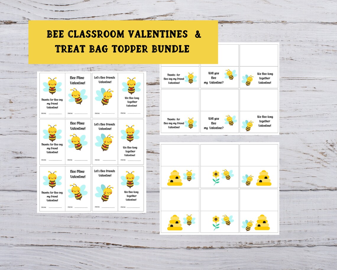 Printable Bee Classroom Valentines, Bee Treat Bag Toppers, Classroom ...