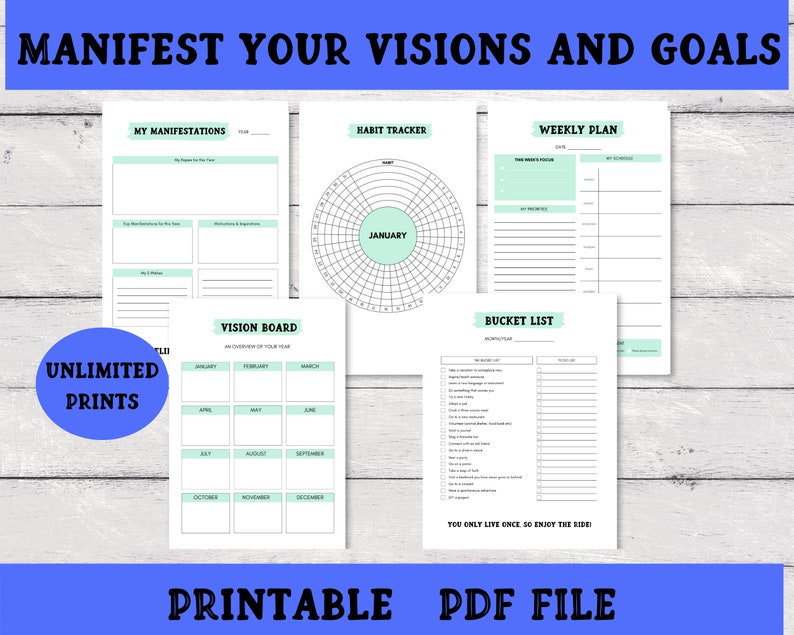Vision and Goal Printable Planner, Manifestation Journal, Daily Goal ...
