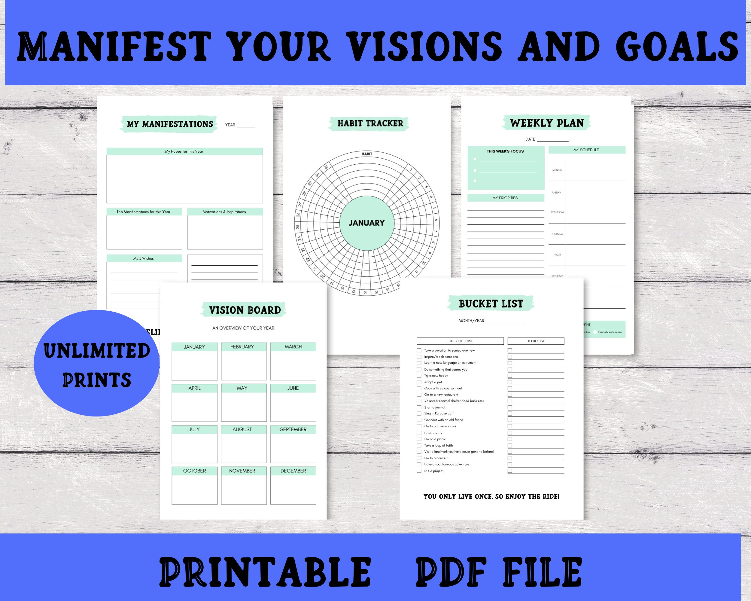 Vision and Goal Printable Planner, Manifestation Journal, Daily Goal ...