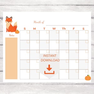 Printable Fox Fall Calendar Page, Printable Calendar Page, Fall ...