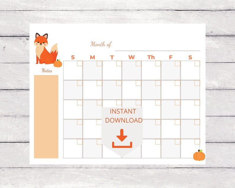 Printable Fox Fall Calendar Page, Printable Calendar Page, Fall ...