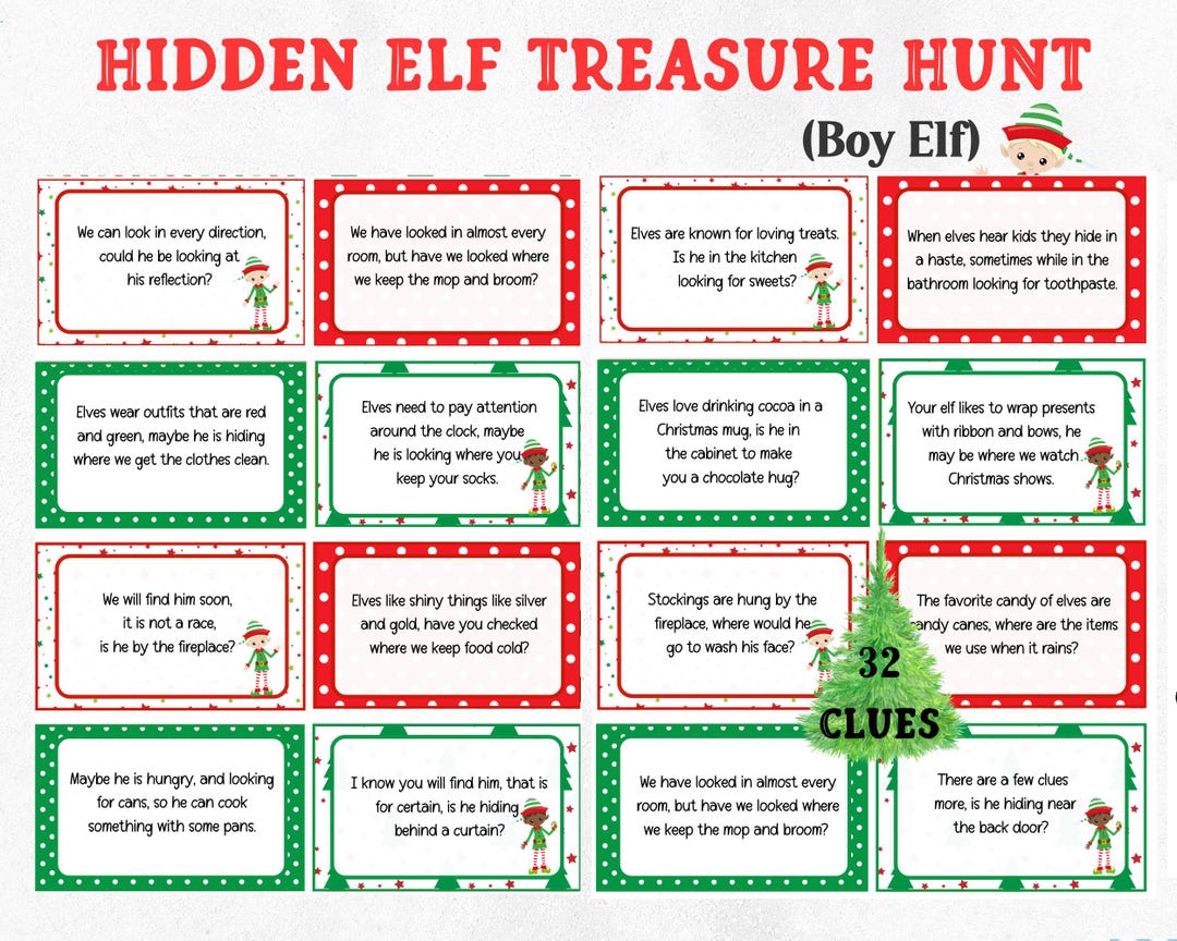 Hidden Christmas Elf Treasure Hunt, Boy Elf Scavenger Hunt. Christmas ...