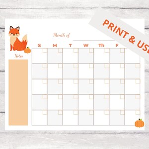 Printable Fox Fall Calendar Page, Printable Calendar Page, Fall ...