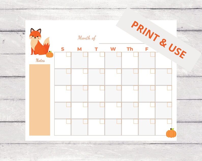 Printable Fox Fall Calendar Page, Printable Calendar Page, Fall ...