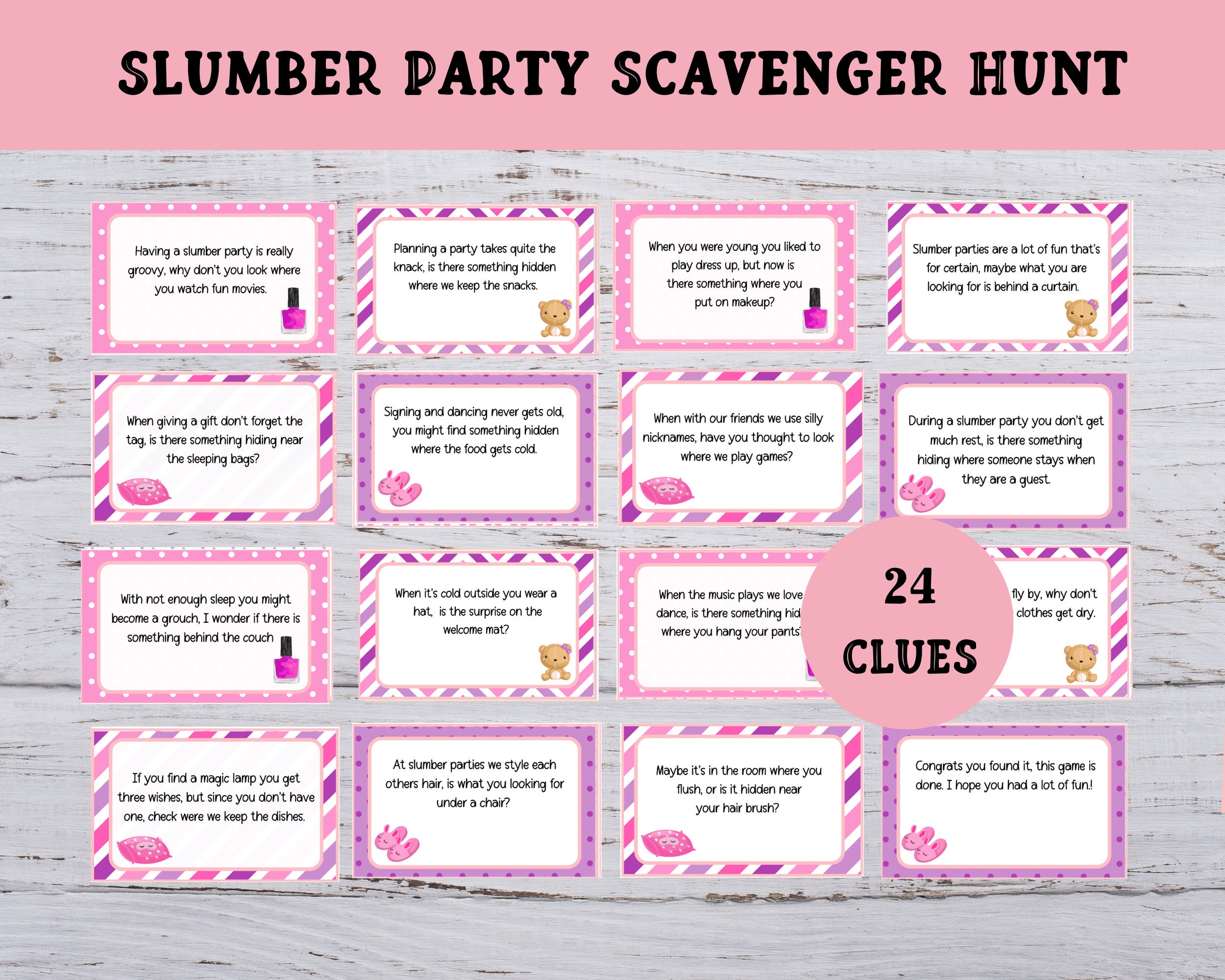 Pink Slumber Party Treasure Hunt, Scavenger Hunt for Girls, Sleepover ...