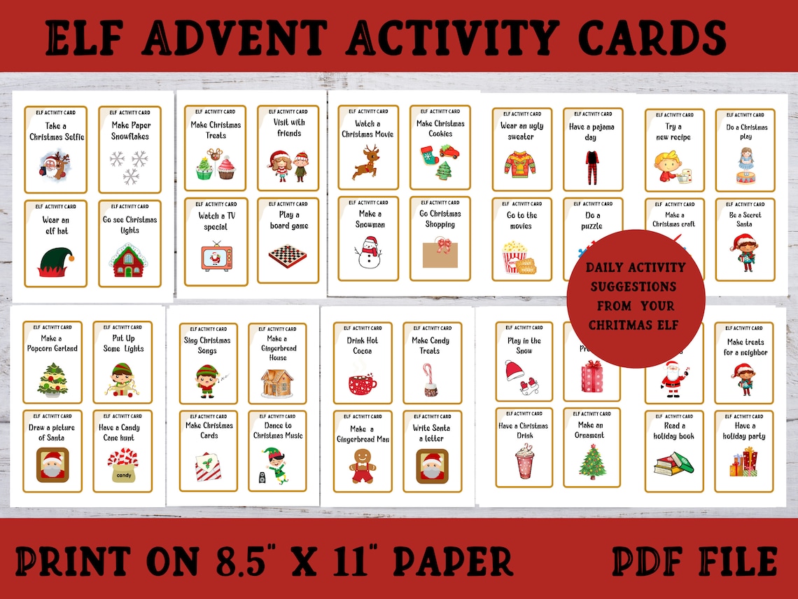 Elf Advent Activity Cards, Printable Christmas Advent Cards, Christmas ...
