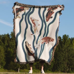 Koi Fish Woven Throw Blanket, Unique Woven Art Tapestry Couch Throw ...