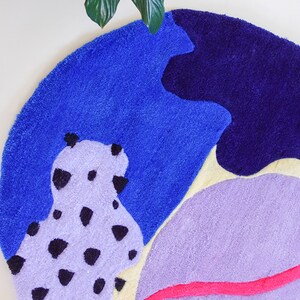 Retro Futuristic Round Hand Tufted Wool Rug, Abstract Purple and Blue ...