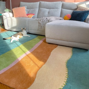 Stitched and Striped Hand Tufted Wool Rug, Colorful Blue Peach Green ...
