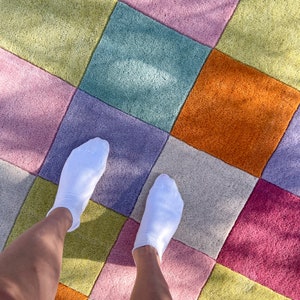 Colorful Checkered Hand Tufted Rug, Eclectic Wool Area Rug in Various ...