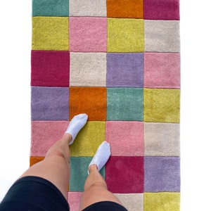 Colorful Checkered Hand Tufted Rug, Eclectic Wool Area Rug in Various ...