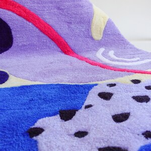 Retro Futuristic Round Hand Tufted Wool Rug, Abstract Purple and Blue ...