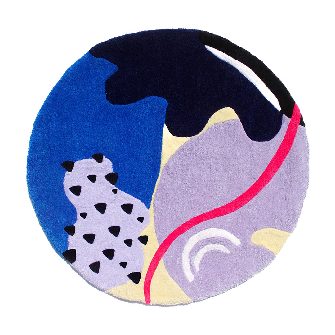 Retro Futuristic Round Hand Tufted Wool Rug, Abstract Purple and Blue ...