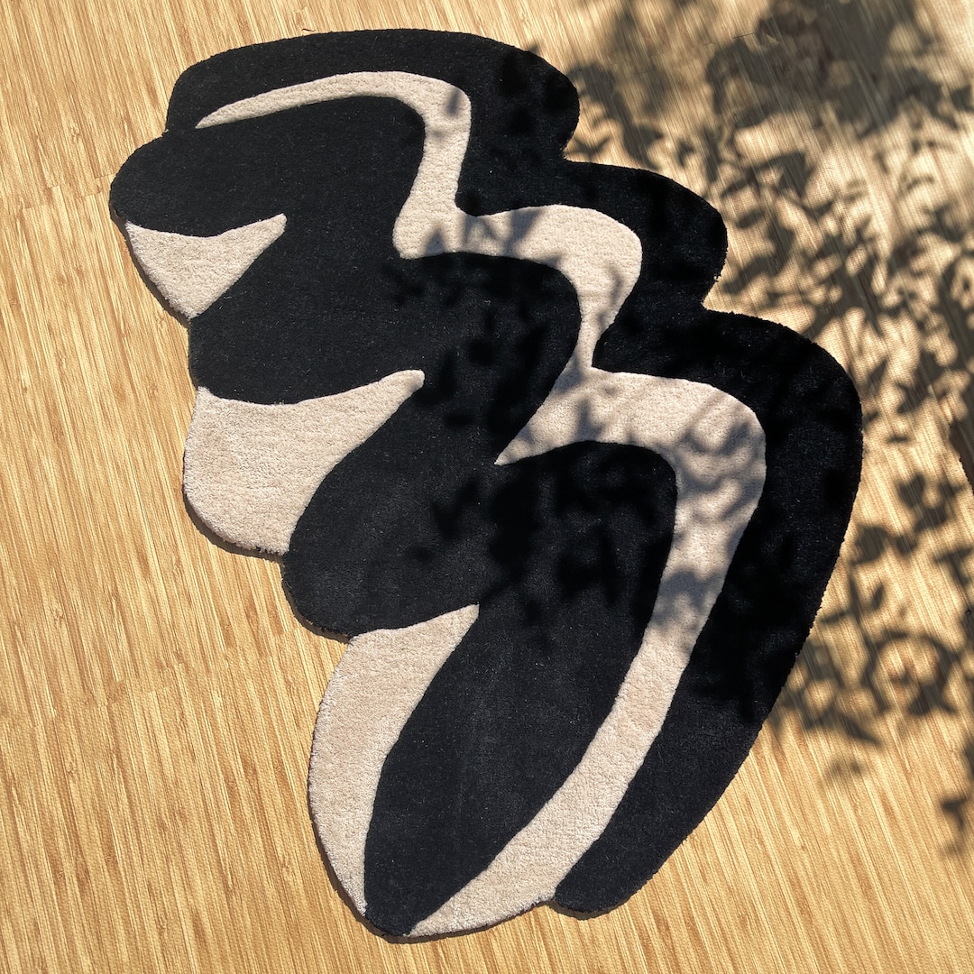 Wavy Zig Zag Hand Tufted Rug, Irregular Black and White Wool Area Rug ...