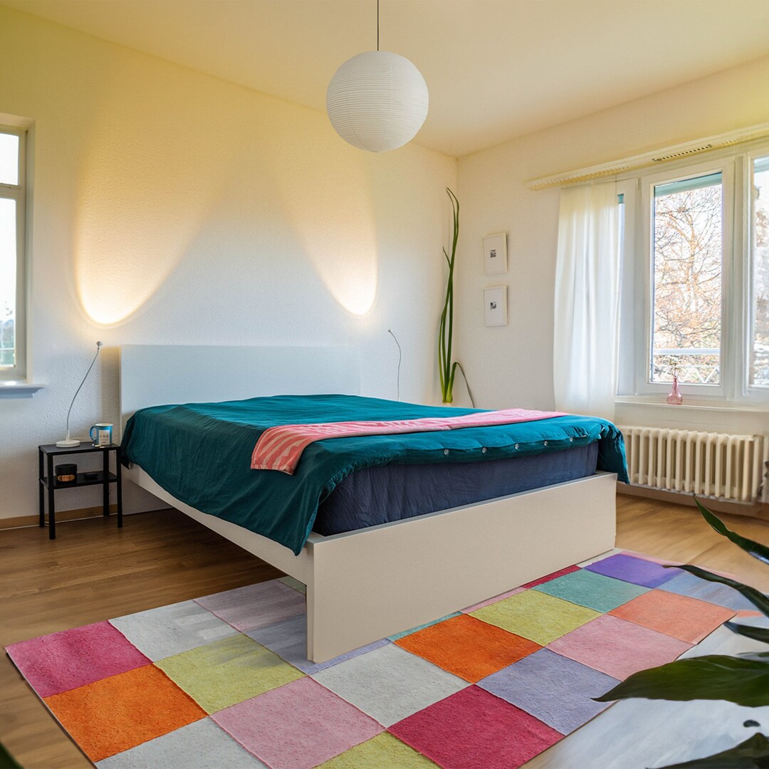 Colorful Checkered Hand Tufted Rug, Eclectic Wool Area Rug in Various ...