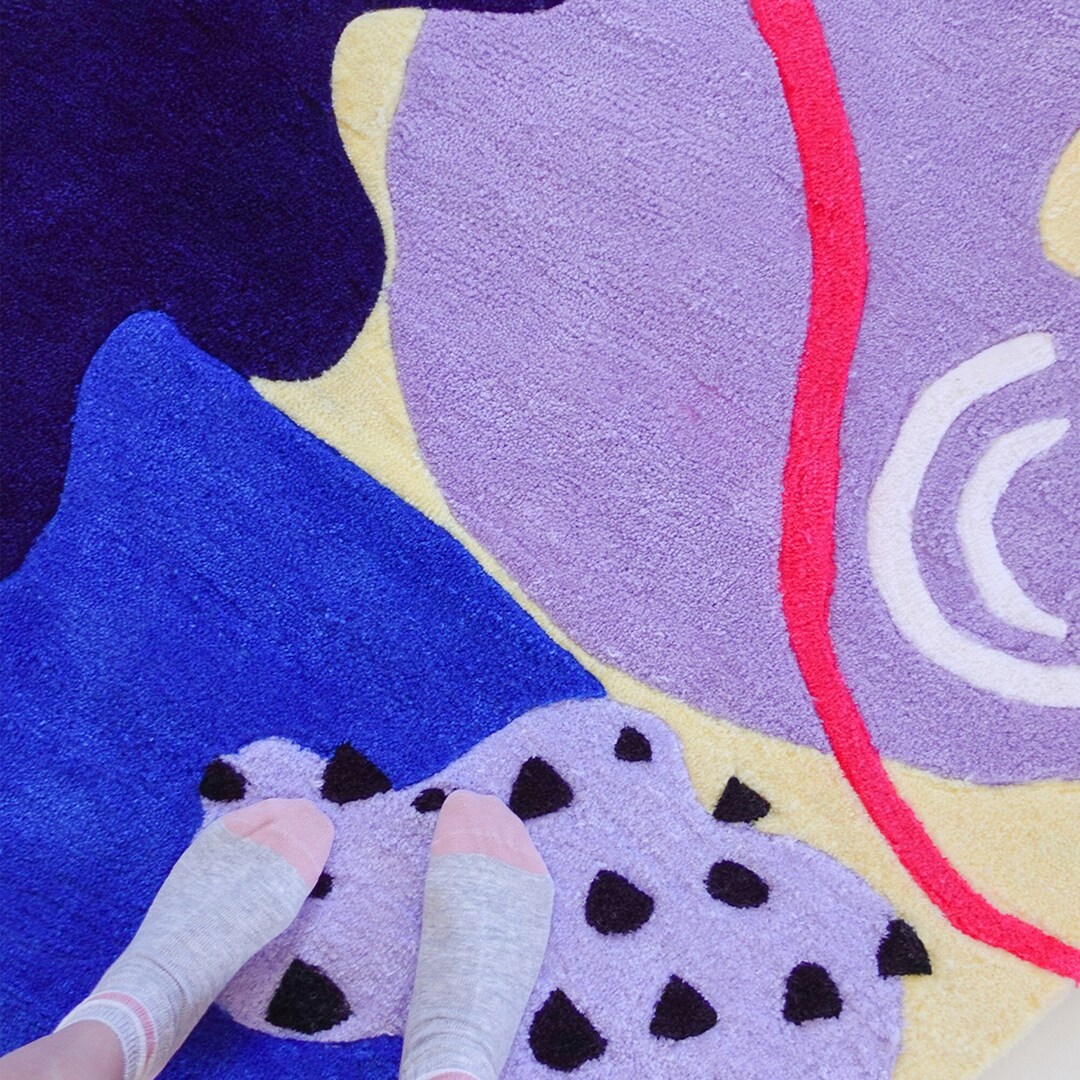 Retro Futuristic Round Hand Tufted Wool Rug, Abstract Purple and Blue ...