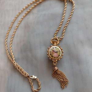 Vintage Clock Painted Pendant With Chain Tassel on Gold Tone Necklace ...