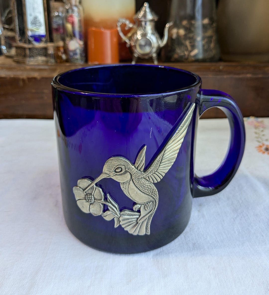 Vintage Cobalt Blue Glass Coffee Mug With Pewter Hummingbird - Etsy