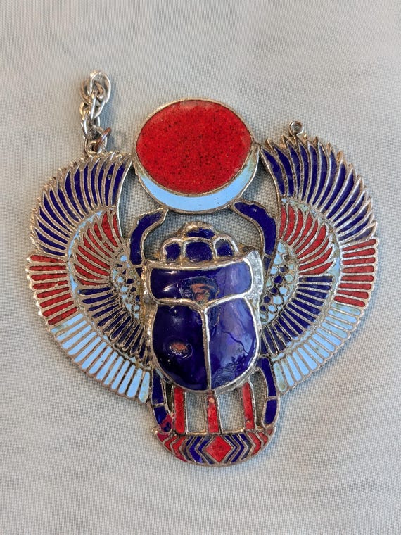 Huge Retro Egyptian Revival Scarab Pendant Enamel Col… - Gem