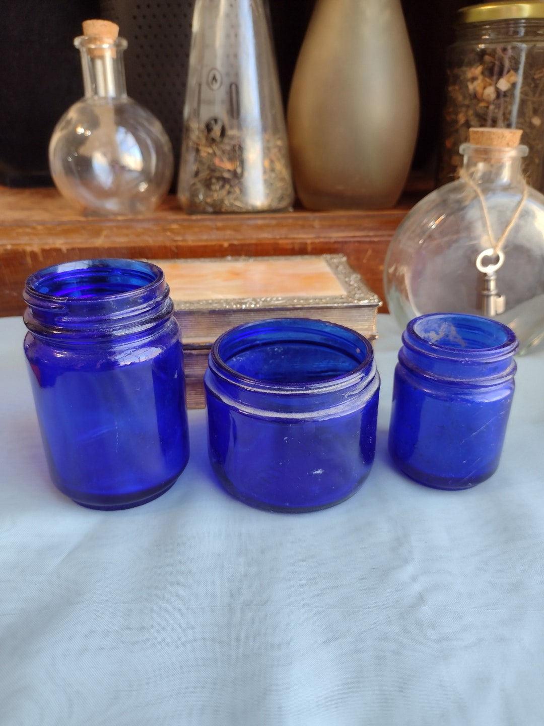 Vintage Cobalt Blue Glass Jars Vicks Noxzema Three Collectible Glass ...