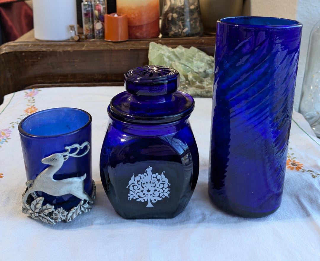 Vintage Cobalt Blue Glass Votive Candle Holder Jar Partridge in a Pear ...