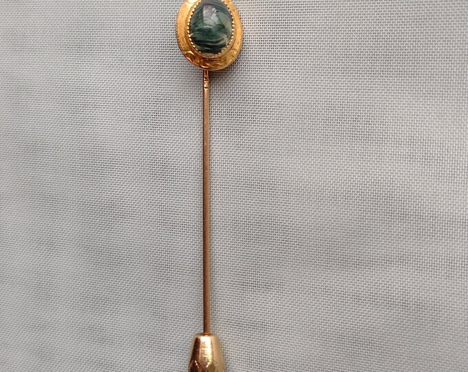 Antique 10K Yellow Solid Gold Victorian Stick Pin With Moss Agate ...